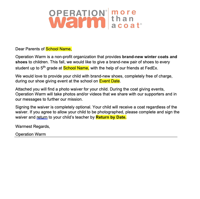 Shoes - FedEx Letter to Families - Operation Warm